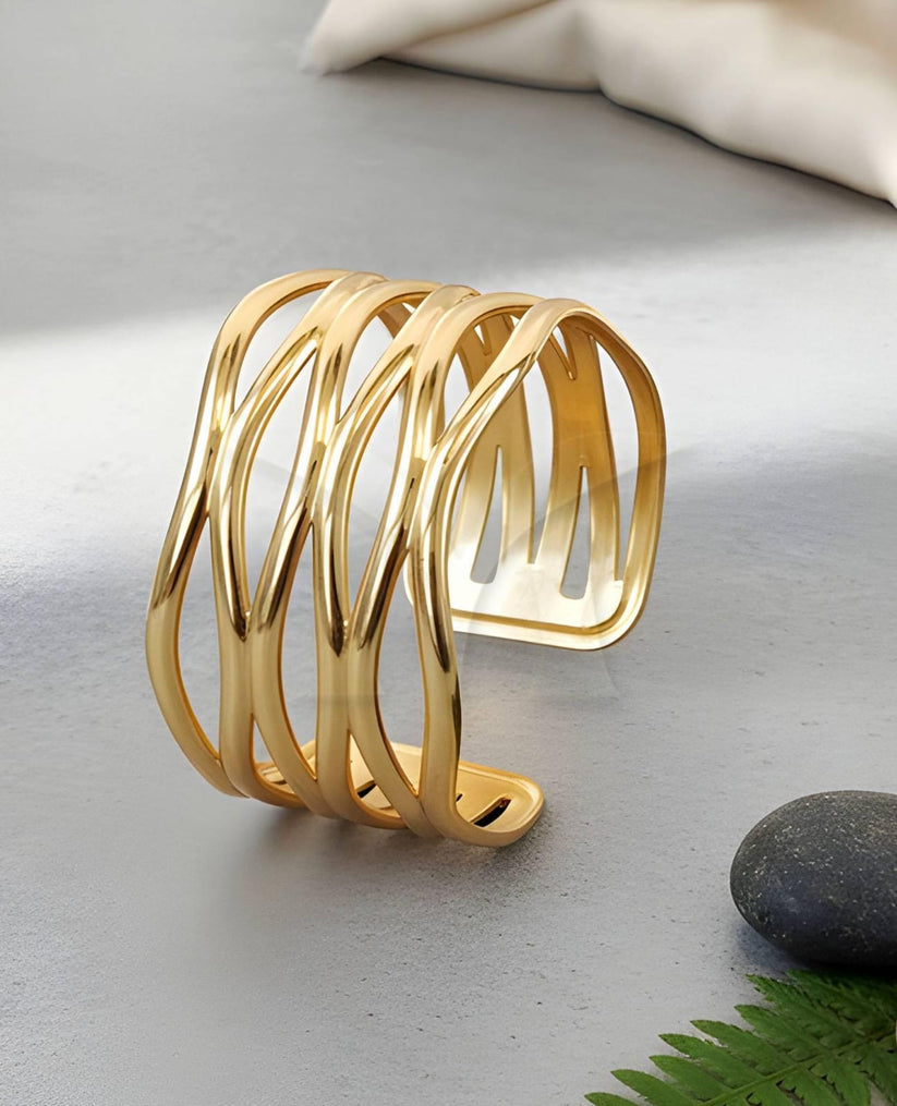 Fluid Wave Gold Cuff Bracelet | 18K Gold Plated | Nimee Luxe